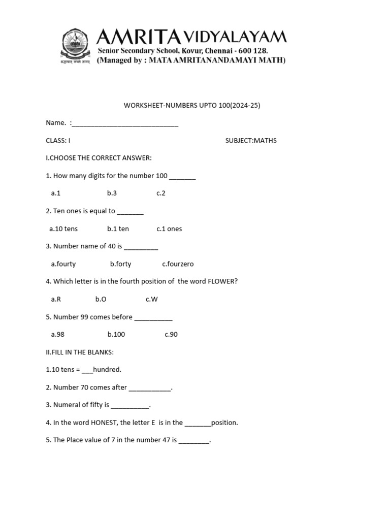 Math Worksheet: Numbers Up to 100 | PDF