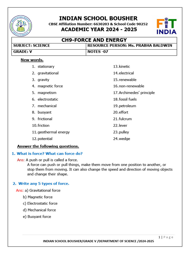 Grade V Science: Force and Energy Concepts | PDF | Force | Lever