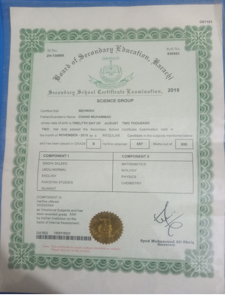Matric Certificate of Sindhi | PDF