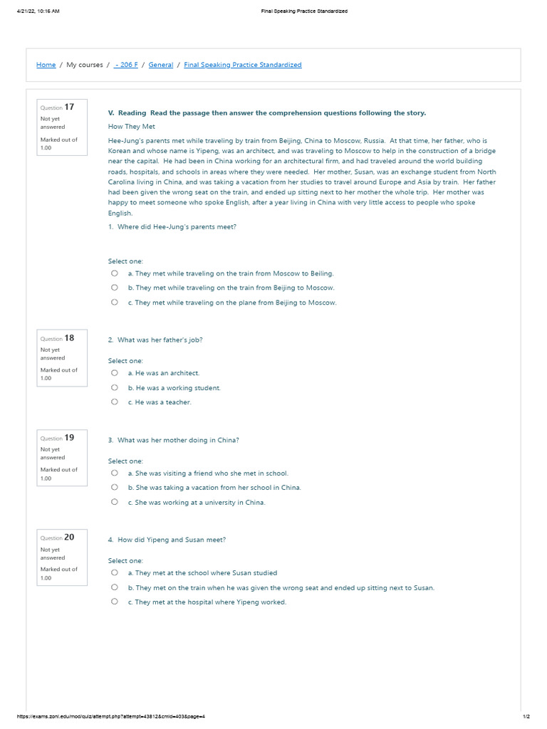 Final Speaking Practice Quiz Guide | PDF