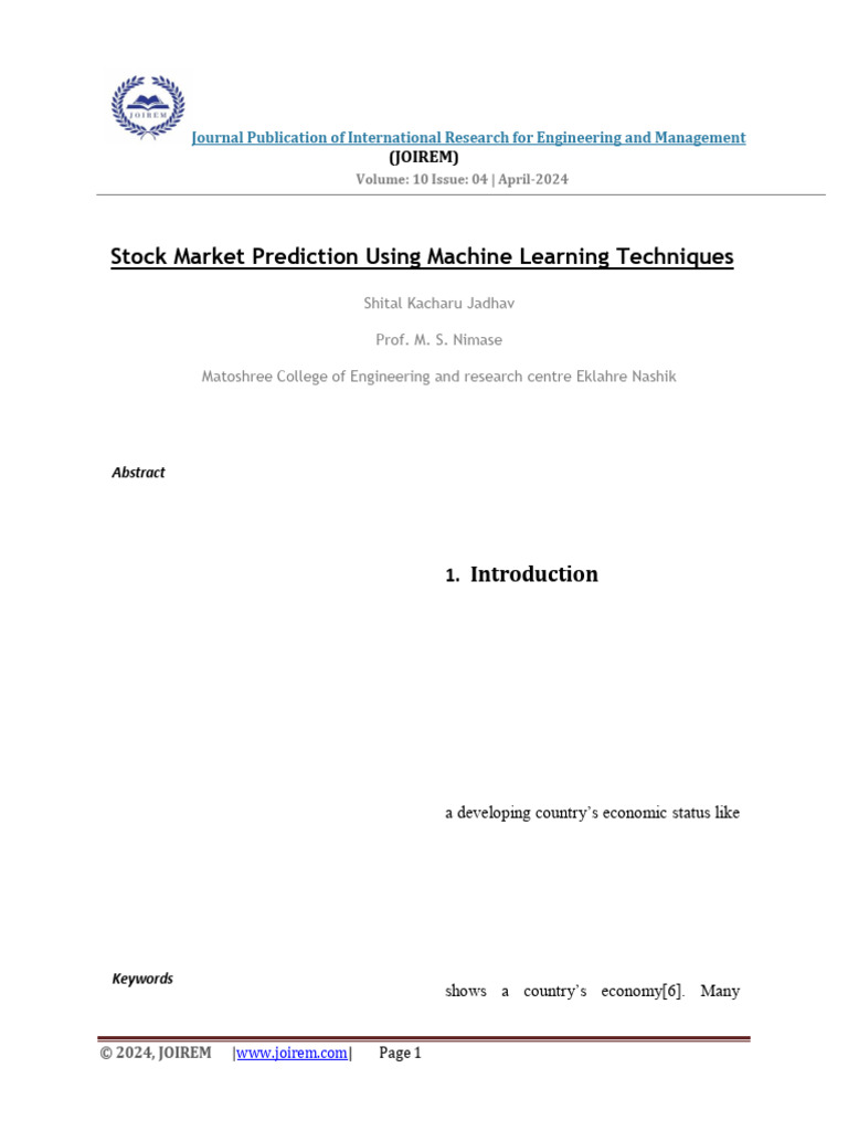 Stock Market Prediction Using Machine Learning Techniques | PDF ...