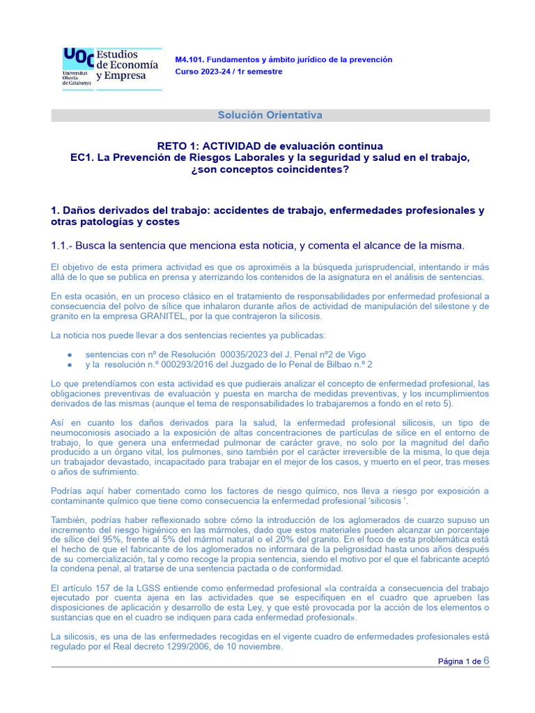 M4101 - Fundamentos y Ámbito Jurídico de La Prevención - Solución Orientativa - EC1 | PDF ...