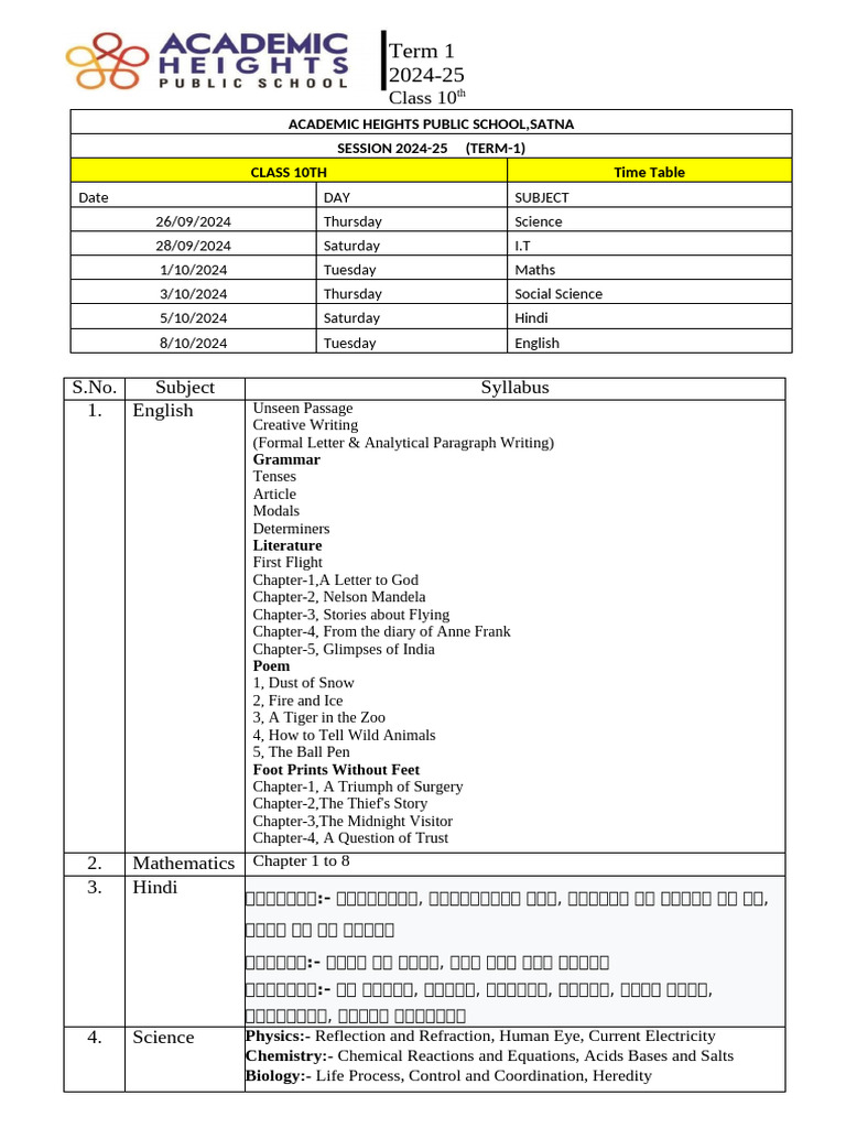 Class 10th Term-1 Time Table | PDF