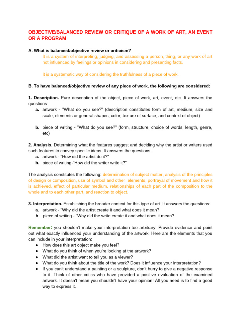 Lesson 1 - Objective-Balanced Review or Critique | PDF | Composition ...