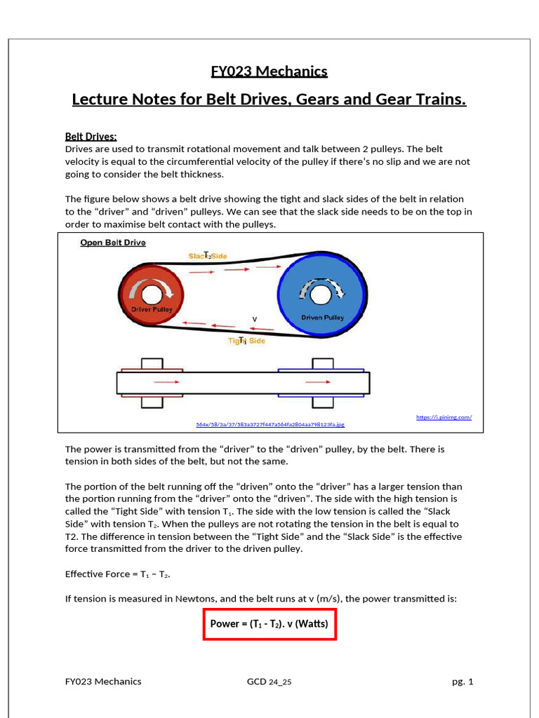 FY023 Lecture Notes For Pulleys and Gears | PDF | Belt (Mechanical) | Gear