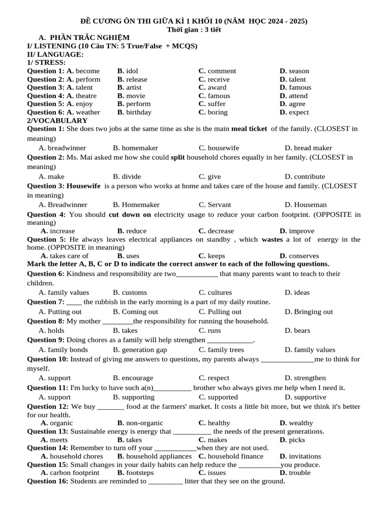 ĐỀ CƯƠNG ÔN THI GK1 K10 | PDF