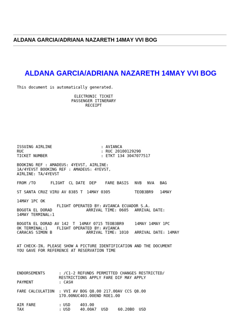 Gmail - ALDANA GARCIA - ADRIANA NAZARETH 14MAY VVI BOG | PDF