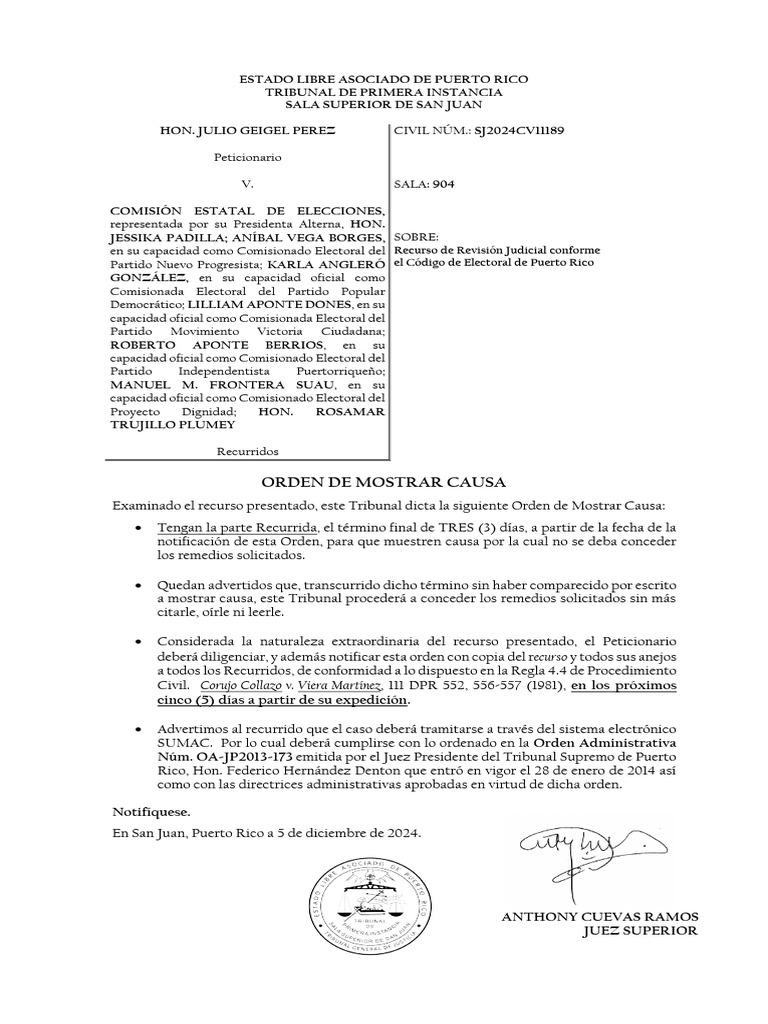 Orden de Mostrar Causa SJ2024CV11189 | PDF | Puerto Rico | Justicia