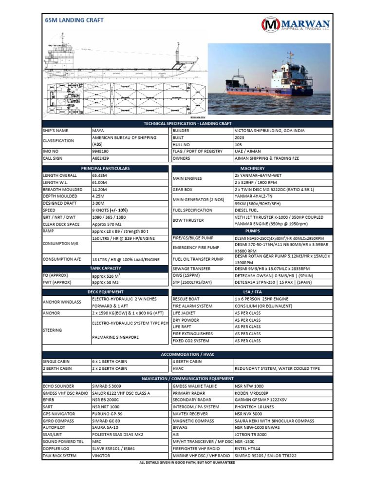 LCT MAYA Specifications | PDF | Water Transport | Watercraft