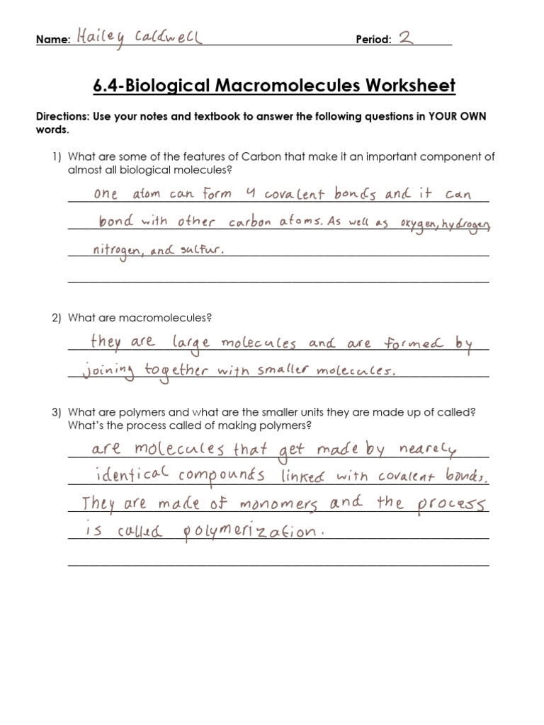 6.4-Biological+Macromolecules+Worksheet | PDF | Macromolecules | Polymers