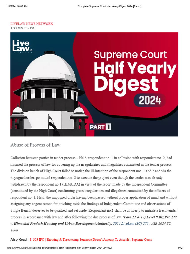 Complete Supreme Court Half Yearly Digest 2024 [Part-1] | PDF | Bail ...
