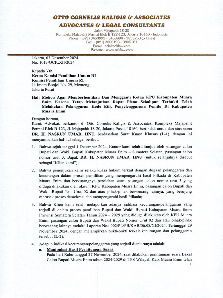 Surat Kepada Ketua KPU RI - Perkara Dr. H. Nasrun Umar | PDF