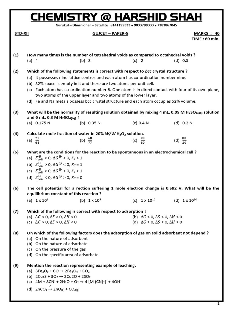 GUJCET Chemistry Paper-5 Questions | PDF | Chemical Reactions ...