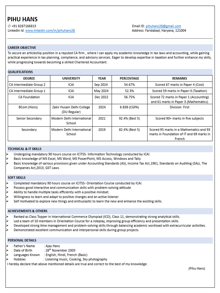 Pihu Hans CV | PDF | Taxes | Skill