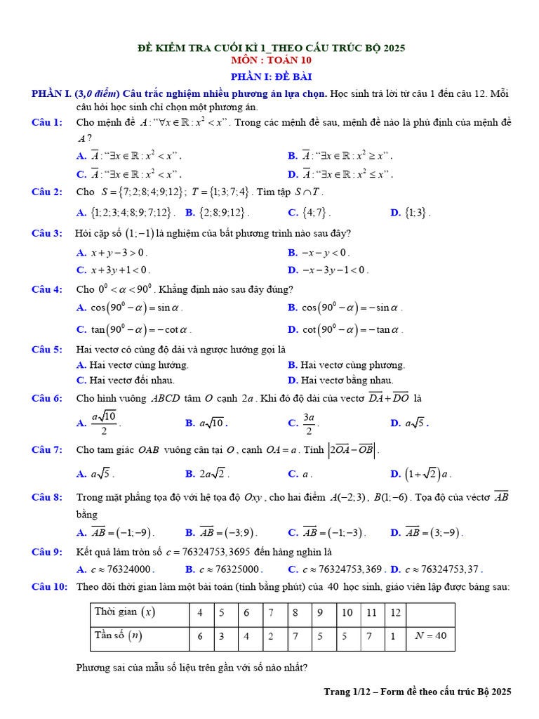 Bo de Kiem Tra Cuoi Hoc Ki 1 Toan 10 Cau Truc Trac Nghiem Moi Trang 1 Đã Gộp | PDF