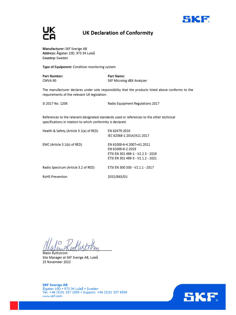 UK Declaration of Conformity: Manufacturer: Address: Country: Type of ...