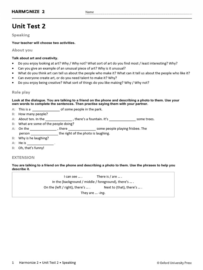 Harmonize - 2 - Unit 2 Test - Speaking | PDF