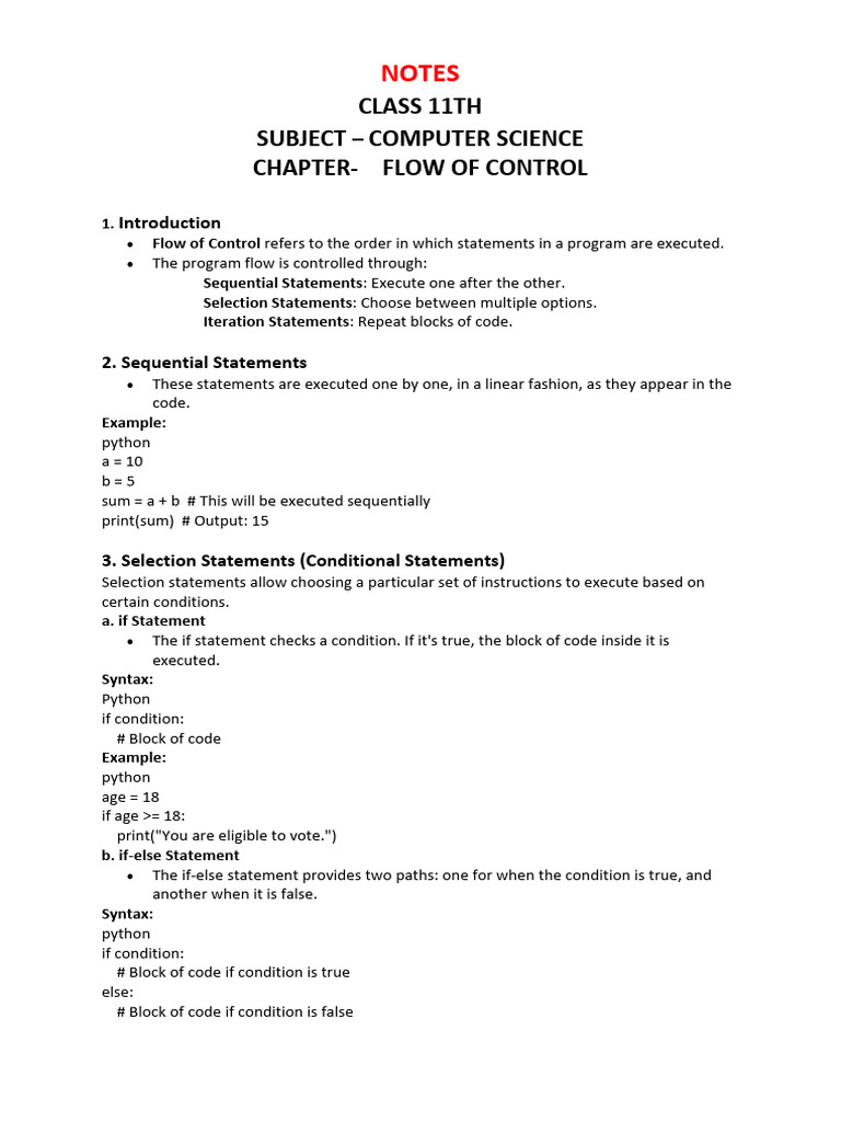 Class 11 Notes Computer Science Chap 6 2024 25 Pdf Control Flow Computer Programming