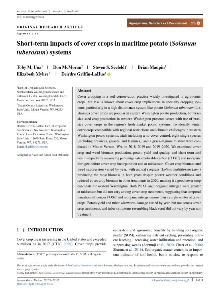 Agrosystems Geosci Env - 2022 - Una - Short Term Impacts of Cover Crops ...