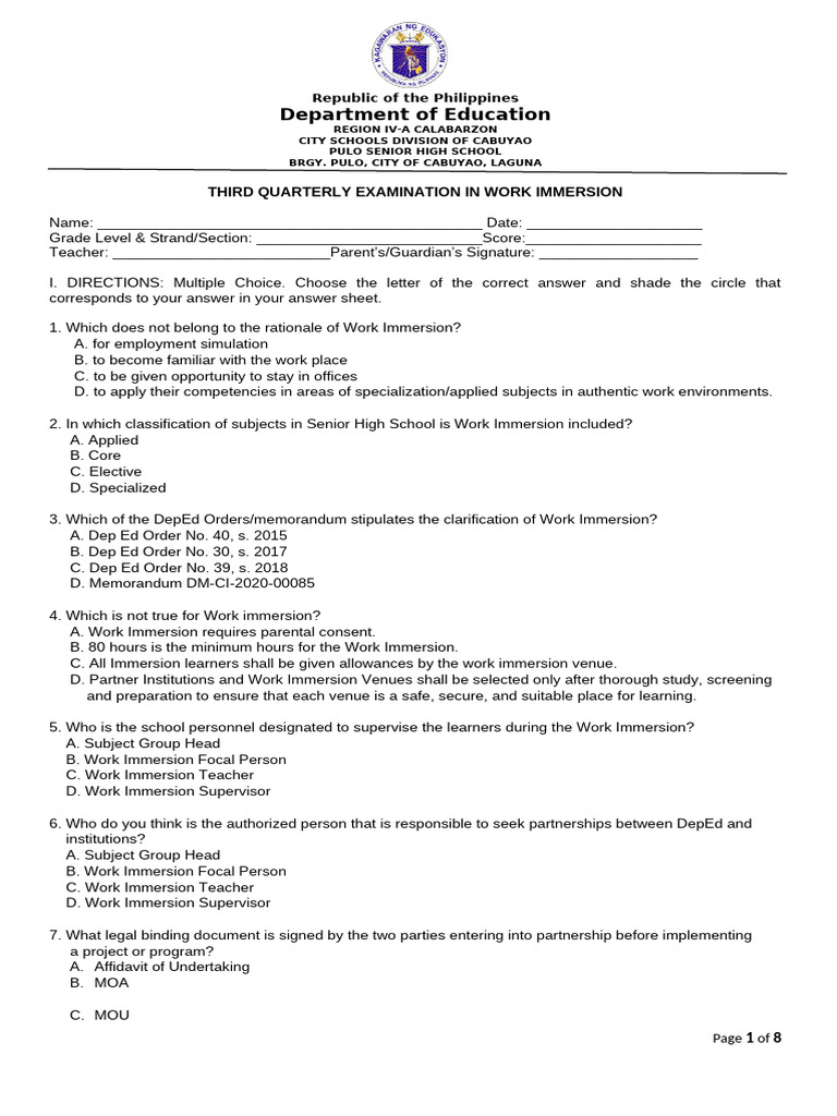 Work Immersion 3RD Quarterly Examination - Sy 2023 2024 | PDF ...