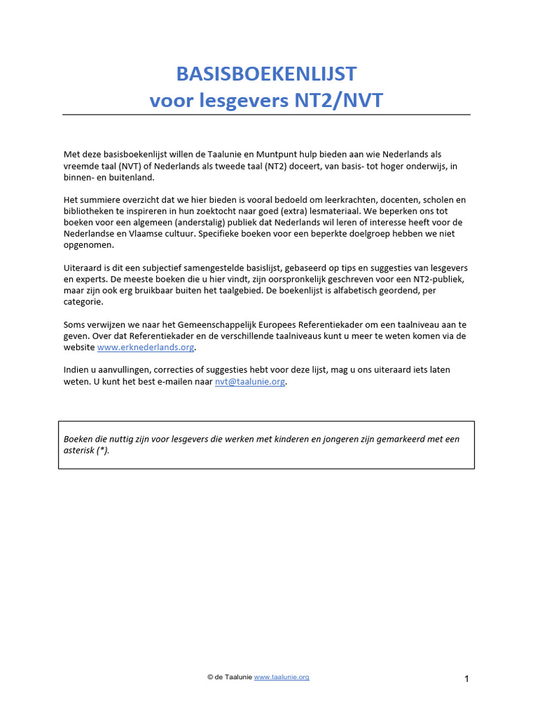 Basisboekenlijst Nt2 NVT 2024 66b47 | PDF