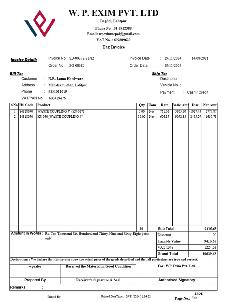Detailed Tax Invoice for W.P. Exim Pvt. Ltd. | PDF | Invoice | Value ...