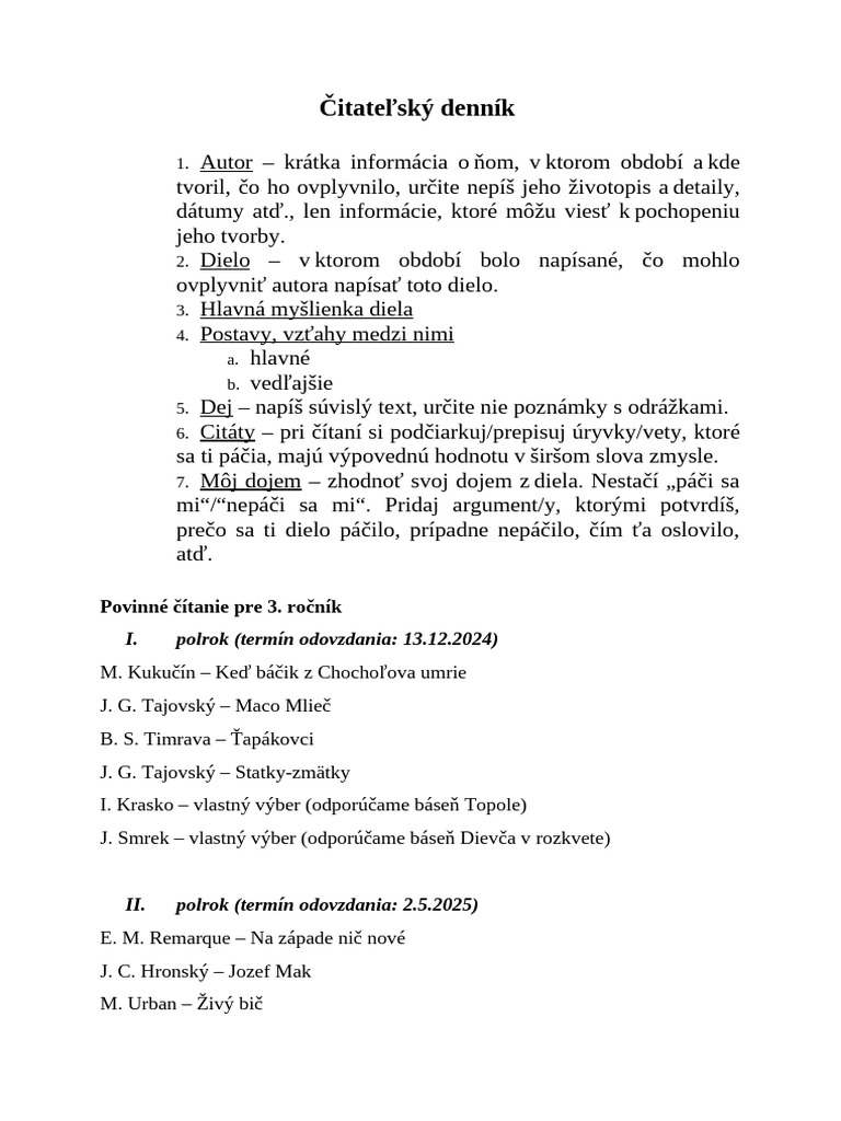Čitateľský Denník III.A | PDF