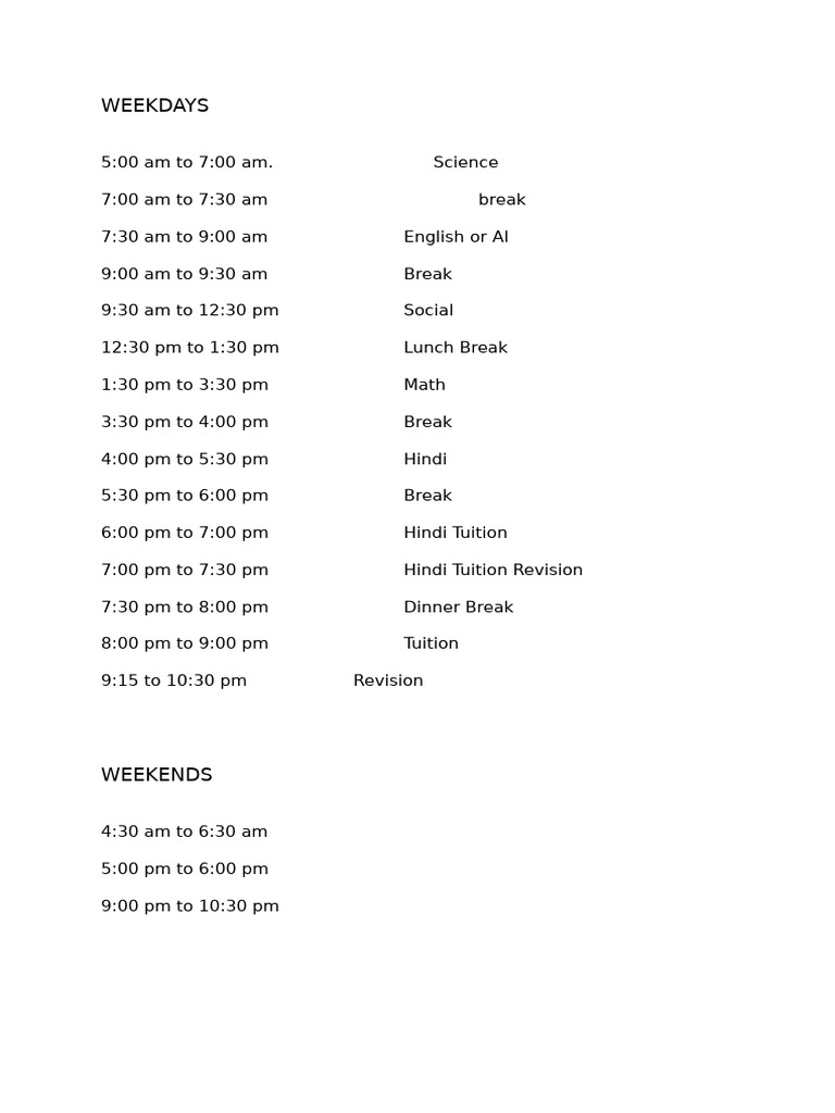 Weekday and Weekend Study Schedule | PDF