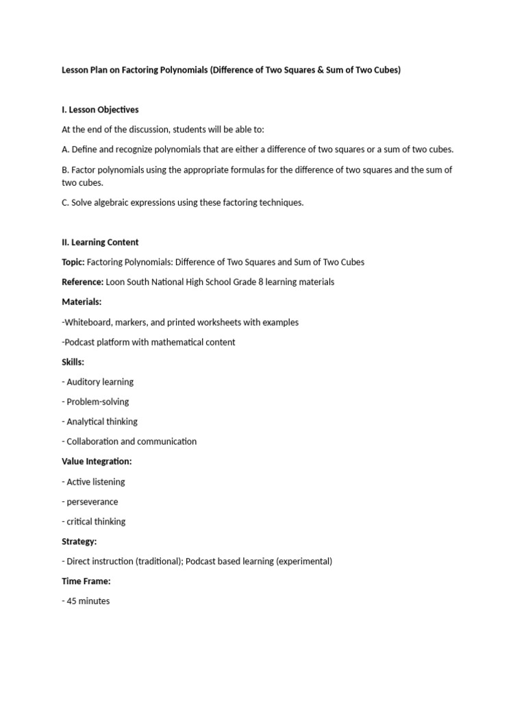 Lesson Plan on Factoring Polynomials DELOY (1) | PDF | Factorization ...
