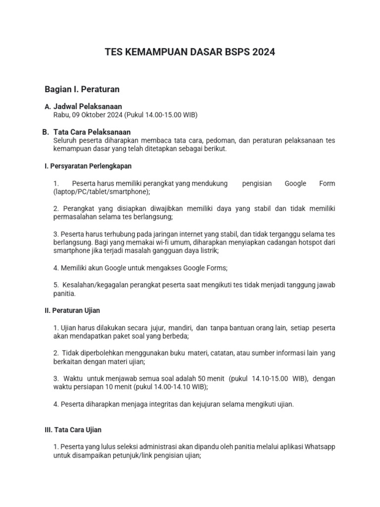 09 Oktober 24 - Peraturan Tes Kemampuan Dasar BSPS 2024 | PDF
