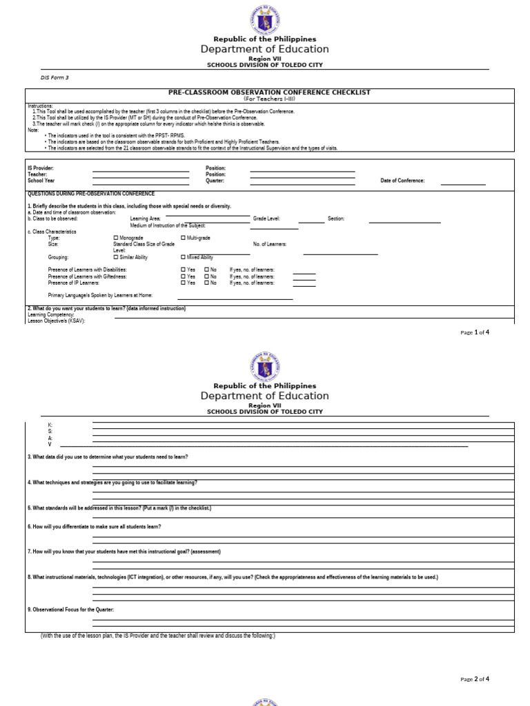 DIS Form 3 Pre Observation Conference - T1 T3 - Sy2024 2025 | PDF | Learning | Educational ...