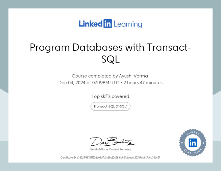 CertificateOfCompletion - Program Databases With TransactSQL | PDF