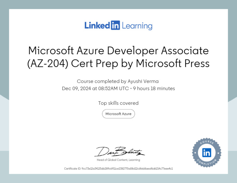 CertificateOfCompletion_Microsoft Azure Developer Associate AZ204 Cert ...