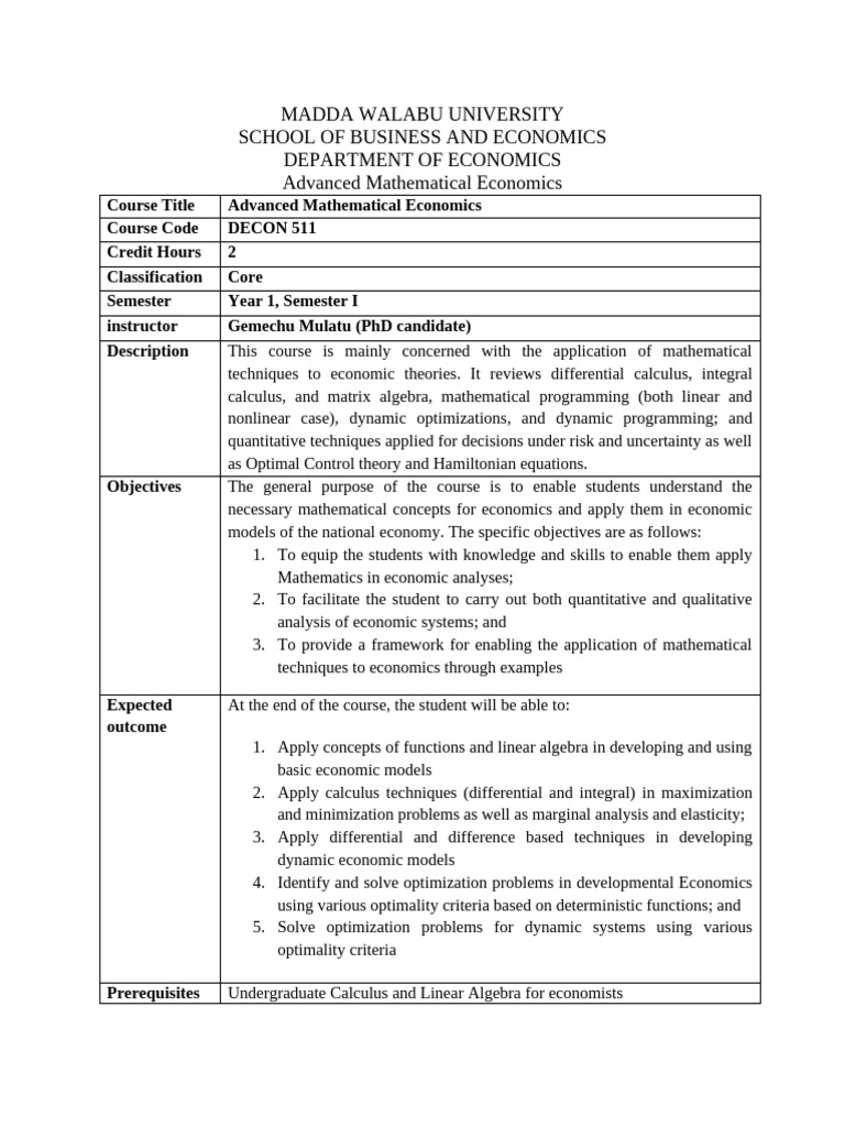Mathematical Economics Course Outline | PDF | Mathematical Optimization ...