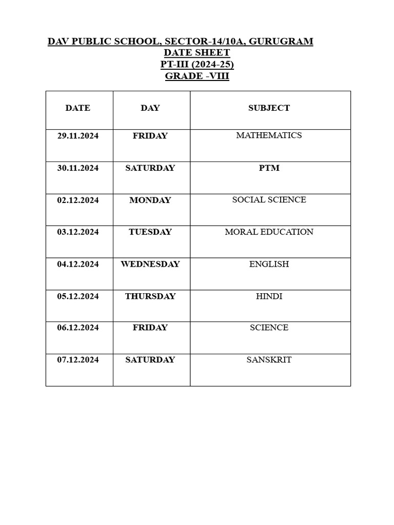 Class 8 PT-III Date Sheet 2024-25 | PDF