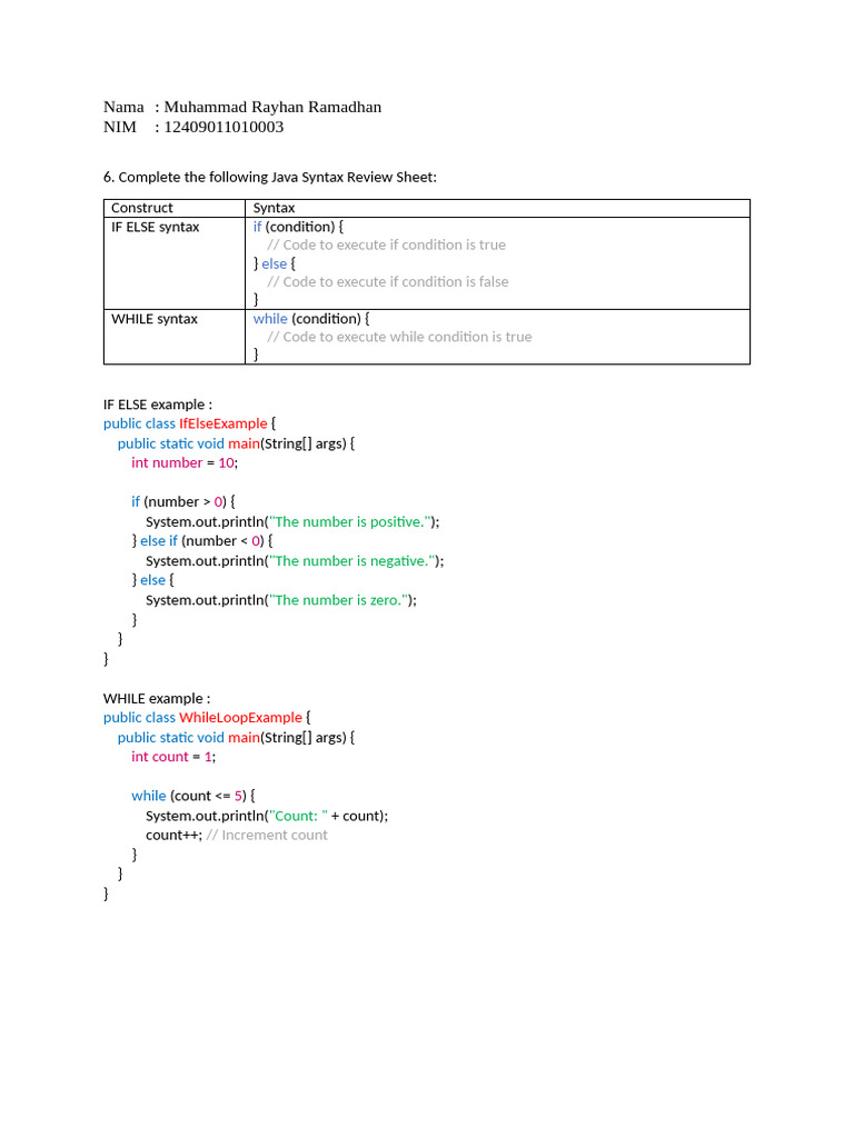 Java Syntax Review: IF ELSE & WHILE | PDF