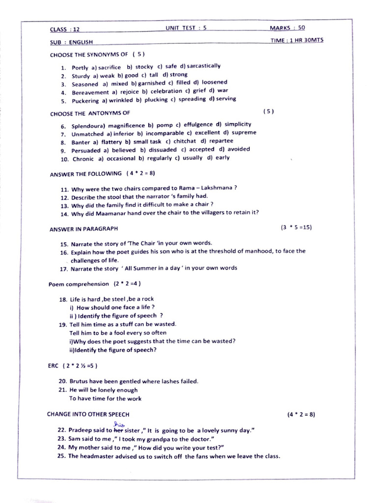 12th English Unit Test 5 Model Question Paper English Medium PDF ...