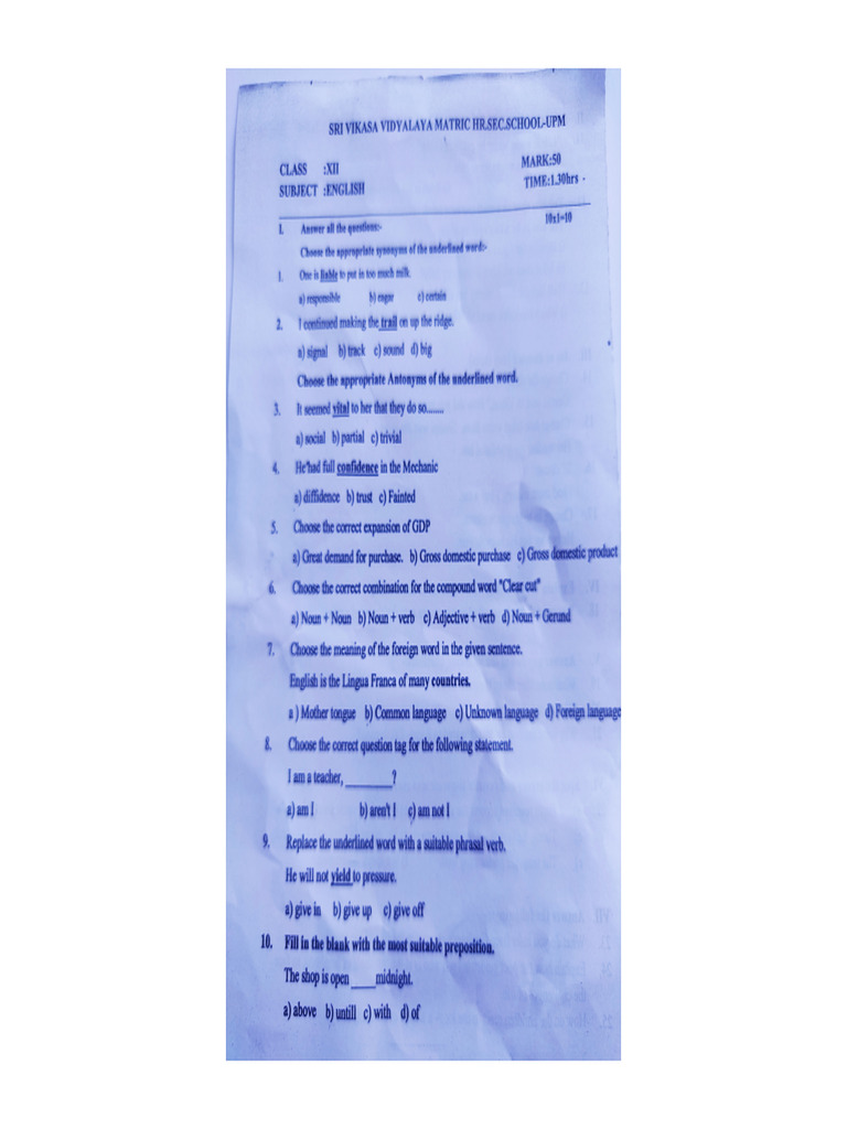 12th English Unit Test 5 and 6 Question Paper PDF Download | PDF