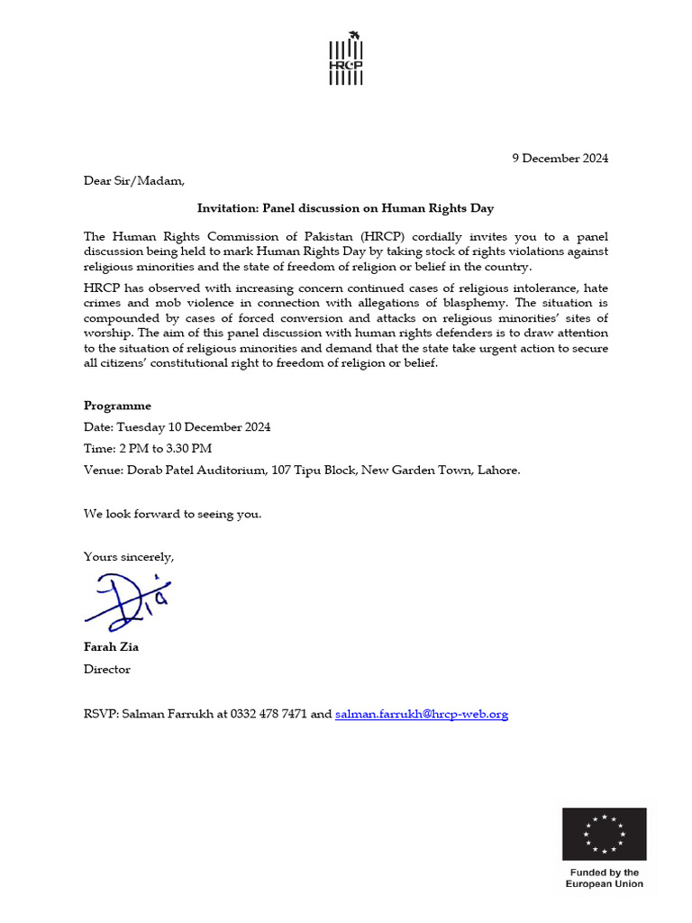 INVITATION Human Rights Day Lahore | PDF
