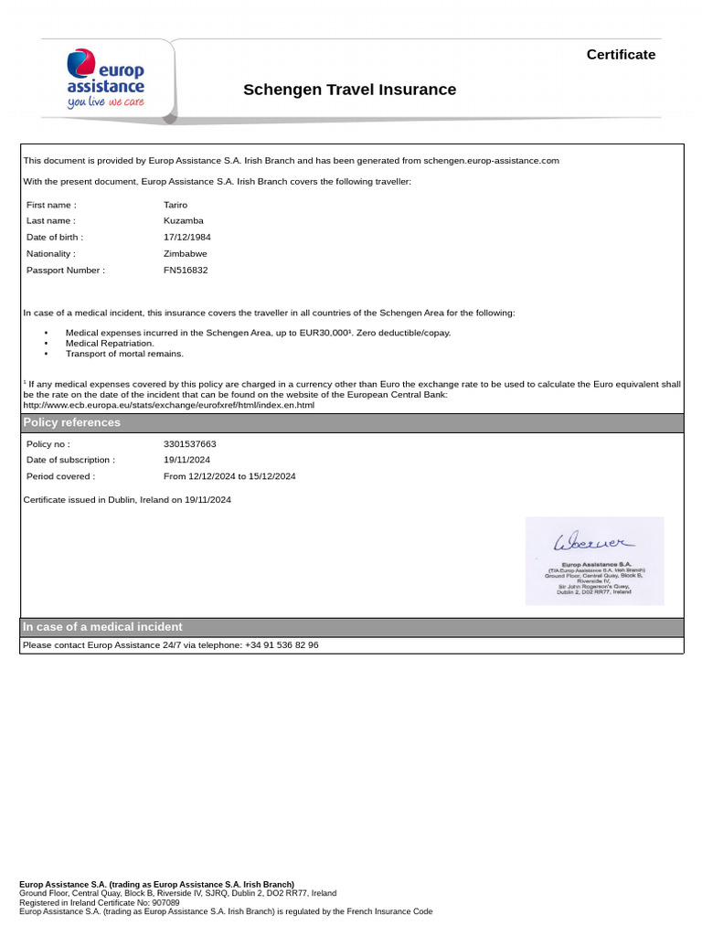 Schengen Travel Insurance Certificate | PDF | Euro | Republic Of Ireland