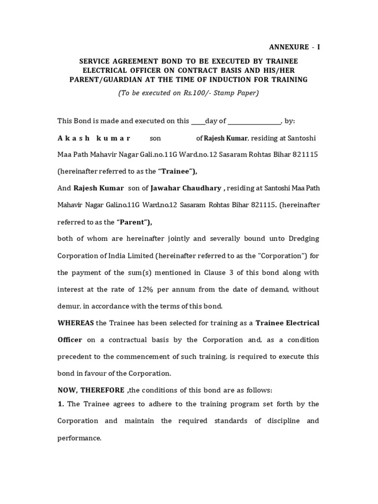 Trainee Electrical Officer Service Bond | PDF | Guarantee | Private Law