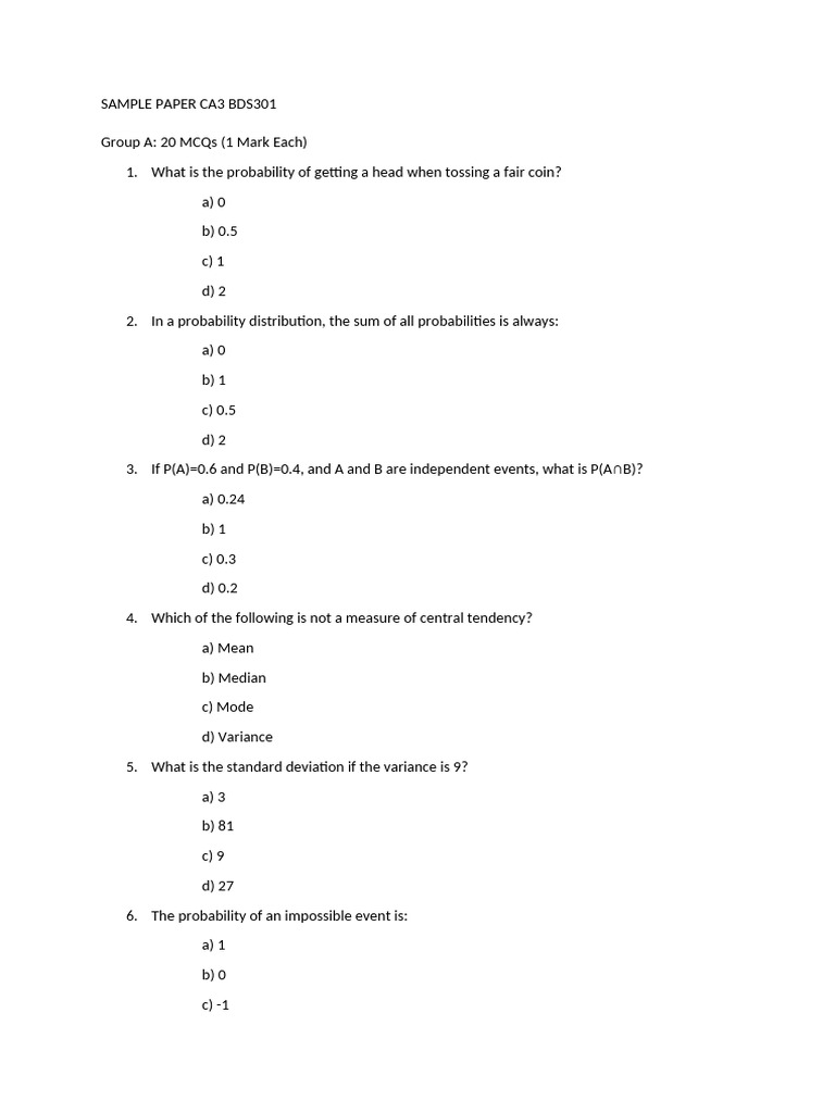 Sample Paper Ca3 Bds301 (2) | PDF | Variance | Median