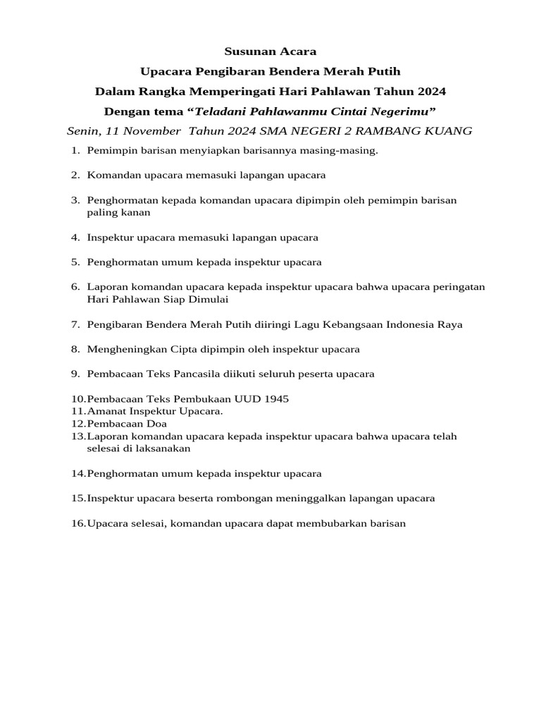 Susunan Upacara Hari Pahlawan 2024 | PDF