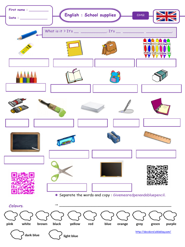 Fiche School Supplies Colours | PDF