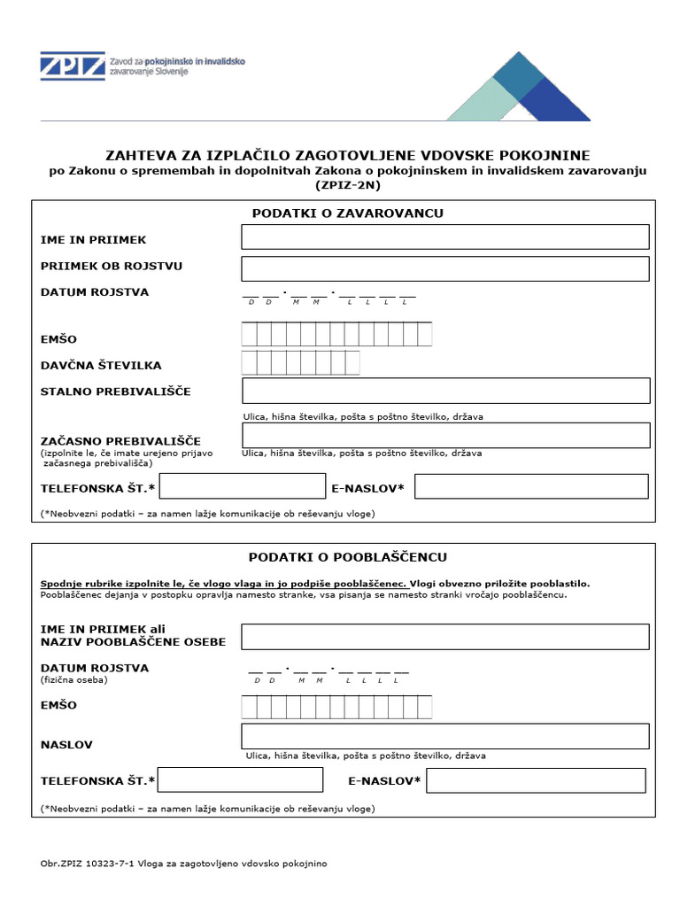 10323-7-1 Vloga Za Zagotovljeno Vdovsko Pokojnino | PDF