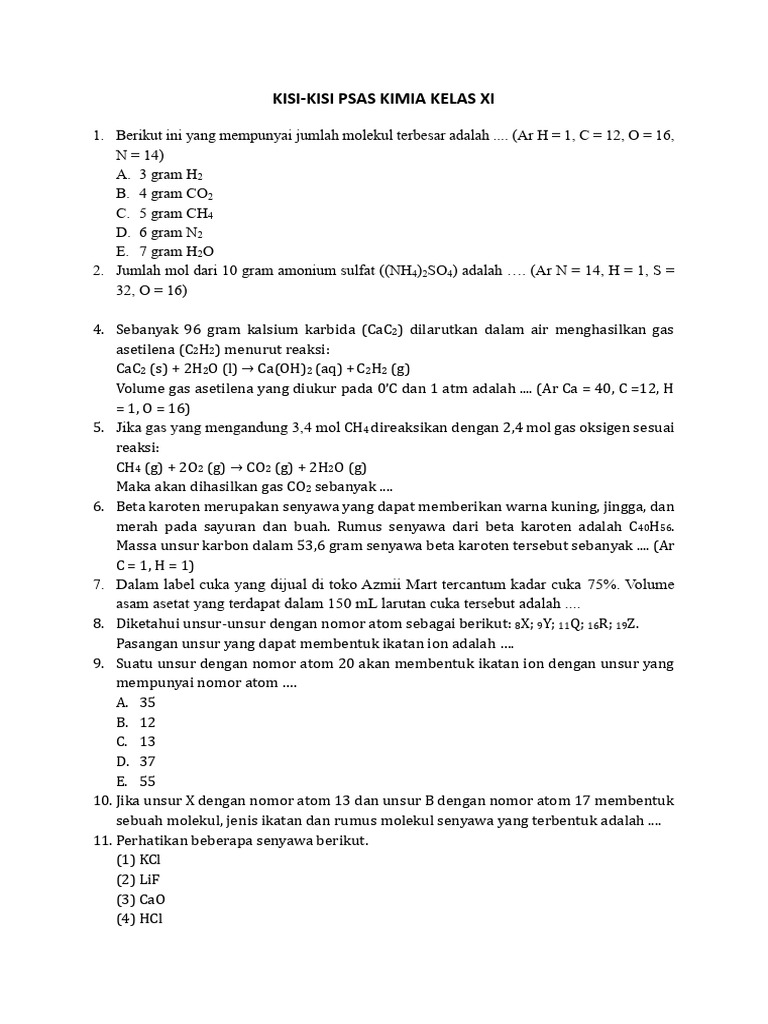 Kisi-Kisi Pas Kimia Kelas 11 | PDF