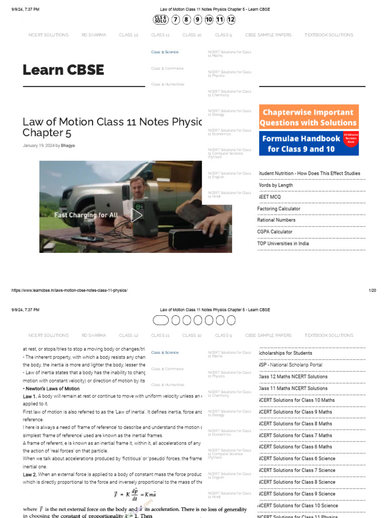 Law of Motion Class 11 Notes Physics Chapter 5 - Learn CBSE | PDF ...