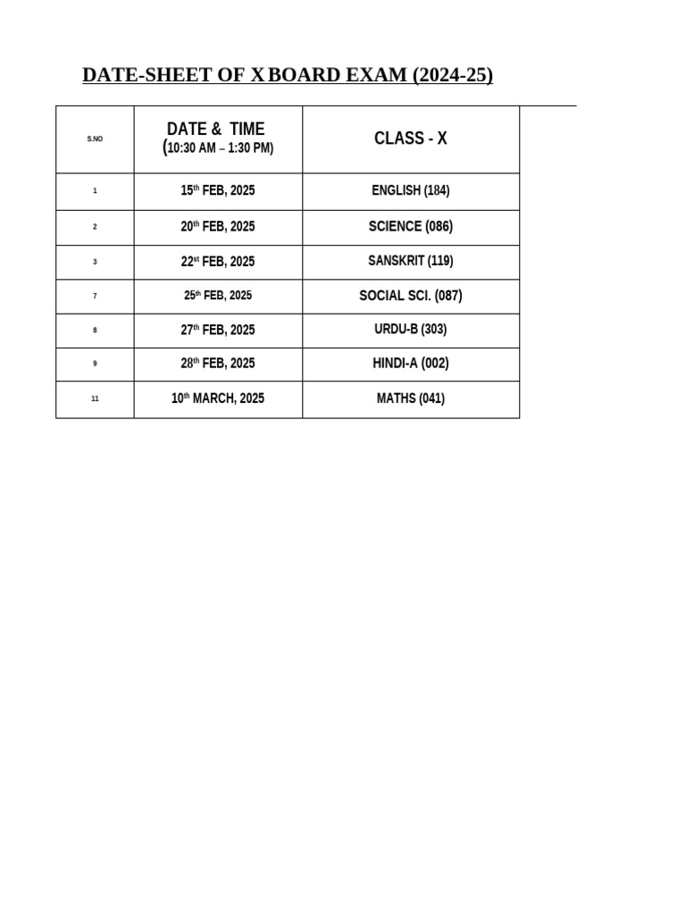 Class X Datesheet 2024-2025 | PDF