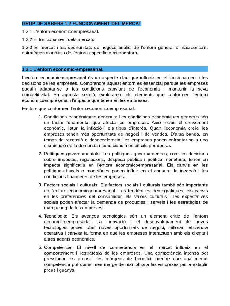 BLOC SABERS 1.2 Funcionament Del Mercat | PDF