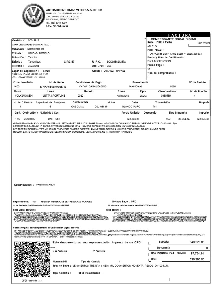 Factura Jetta | PDF | Volkswagen | Tecnologías automotrices